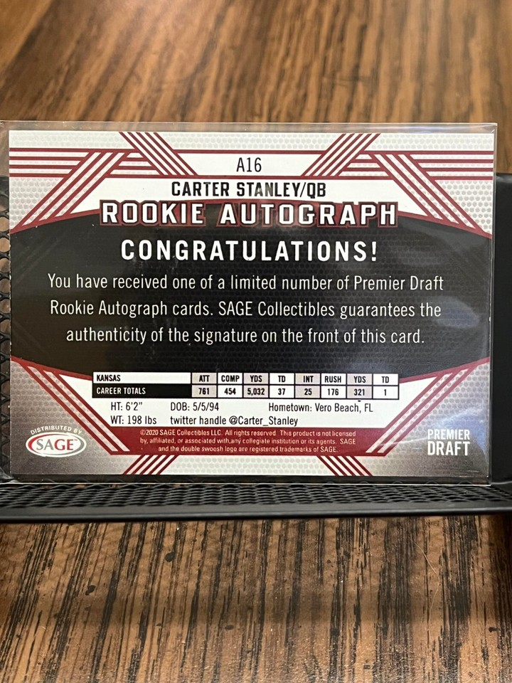 CARTER STANLEY 2020 SAGE HIT #A16 ROOKIE KANSAS JAYHAWKS AUTOGRAPH AUTO ...