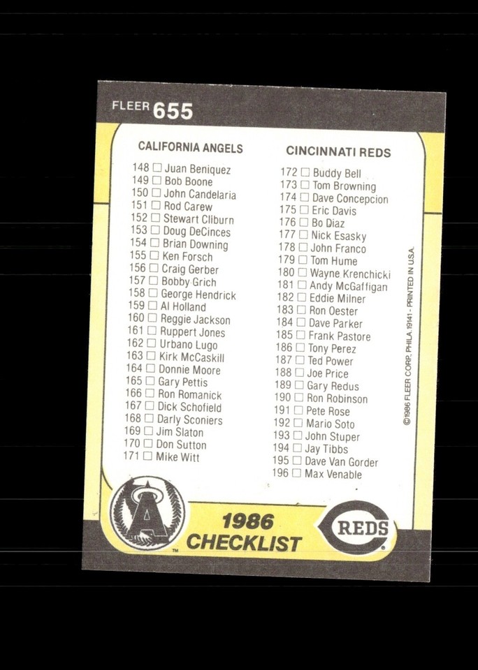 1986 Fleer Checklist: Yankees / Dodgers / Angels / Reds CL #655 | eBay