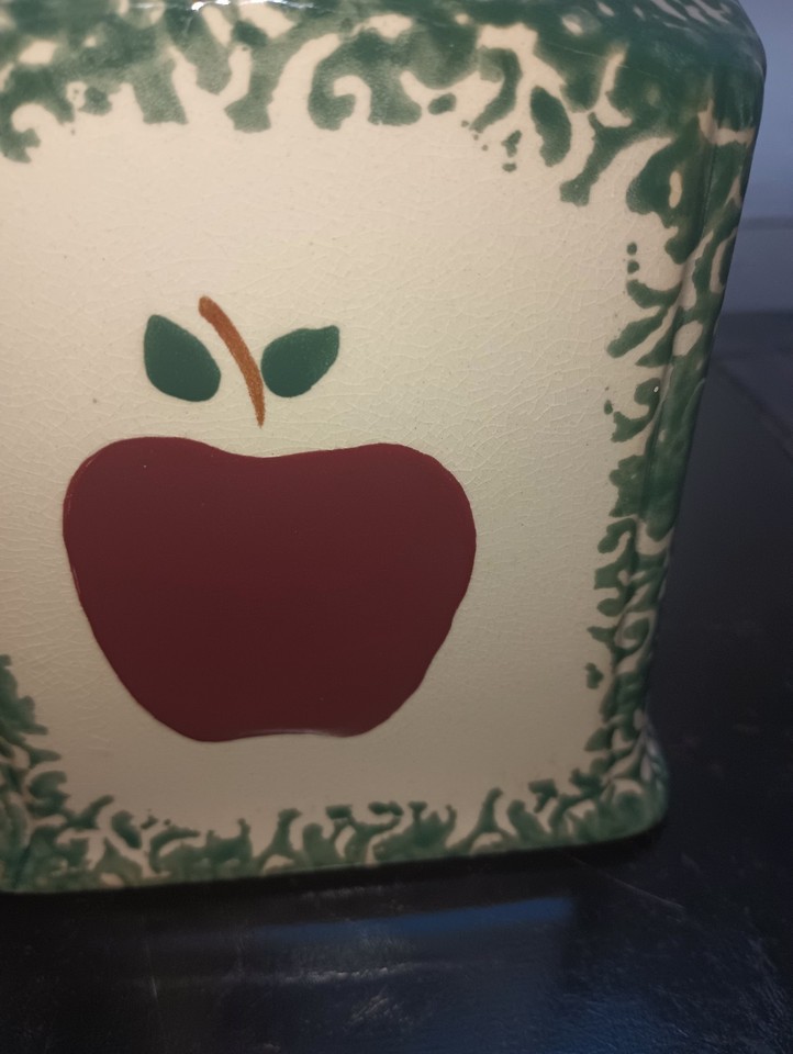 Vintage 3 Piece Square Green Sponge Painted Apple Stoneware Canisters 8 ...