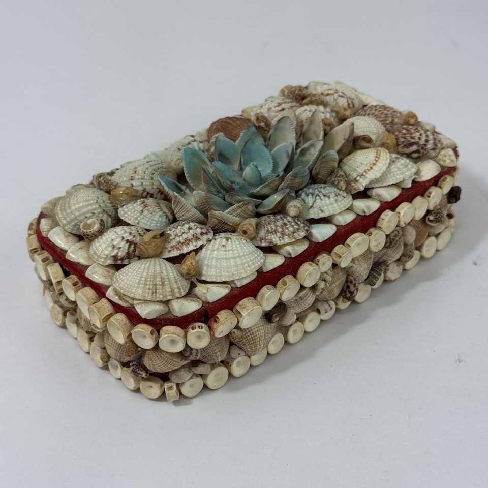 Vintage Seashell Covered Trinket Box Red Velvet Lined Collectible ...