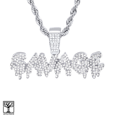 Iced Dripping SAVAGE Sign Silver Plated Pendant 24" Chain Necklace HC ...