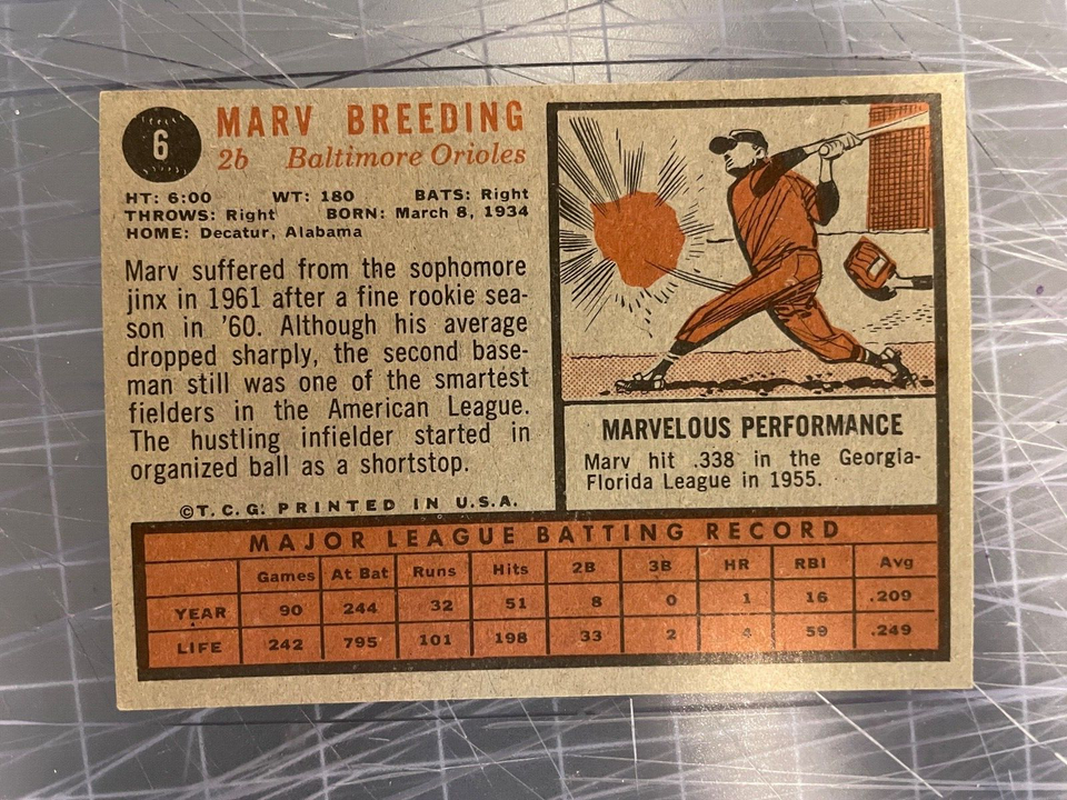 1962 TOPPS #6 MARV BREEDING BALTIMORE ORIOLES BASEBALL CARD NM/MT | eBay