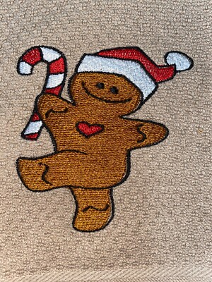 Embroidered Beige Kitchen Hand Towel Gingerbread Man Candy Cane ...