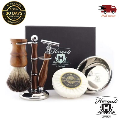 Wooden 5pc Shaving Kit with DE Safety Razor Badger Brush Stand Bowl ...