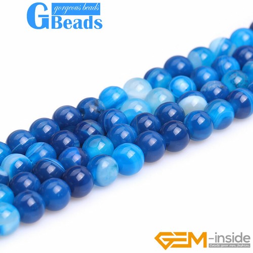 Big Hole Natural Gemstone Round Blue Banded Agate Loose Beads Jewelry ...