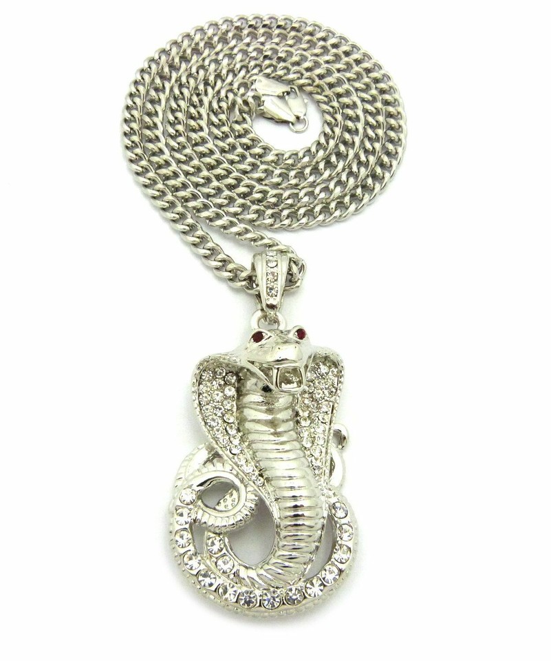 Large Cobra Snake Gold Plated Cubic Zirconia Pendant & 30" Cuban Chain ...