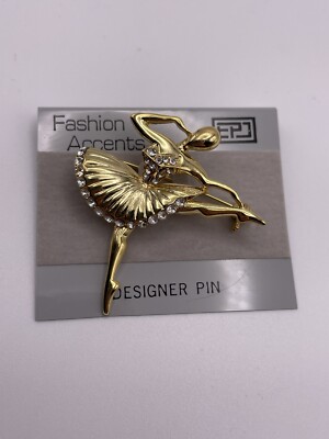 Vintage Estate Gold Tone Rhinestone Ballerina Pin Brooch New Old Stock ...