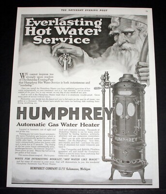 1917 OLD MAGAZINE PRINT AD, HUMPHREY GAS WATER HEATER, FOE EVERLASTING ...