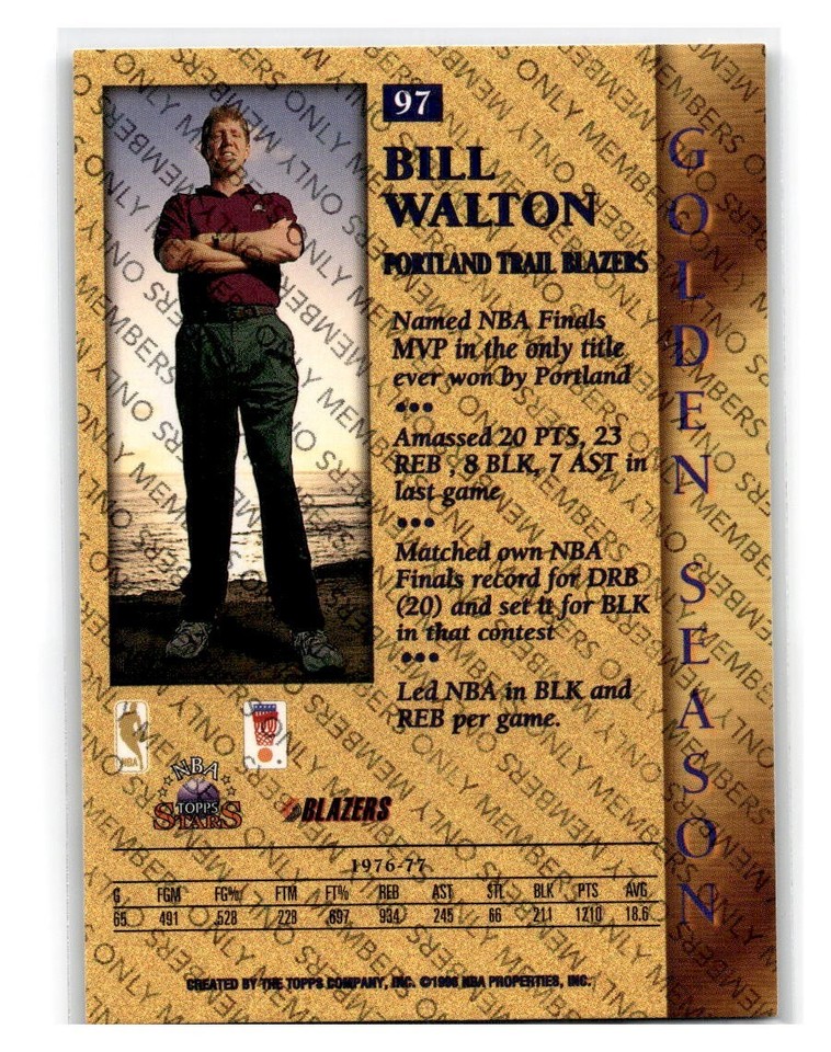 1996-97 Topps NBA Stars #97 Bill Walton GS Members Only - Portland ...
