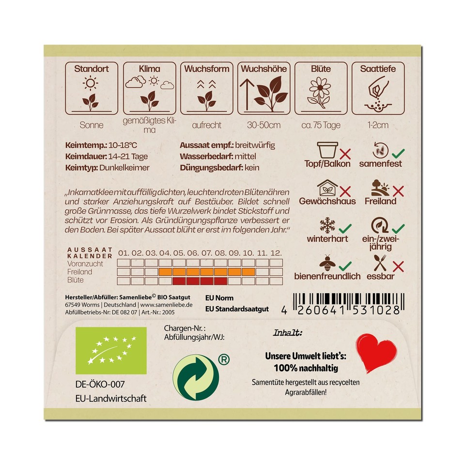 BIO Inkarnatklee Samen Sorte Rote Blüten Blumensamen BIO Blumen Saatgut ...
