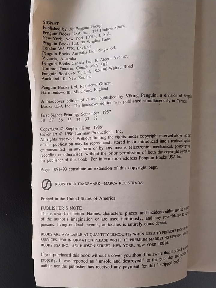 It by Stephen King By Signet Paperback -Pennywise 1990 9780451169518 | eBay