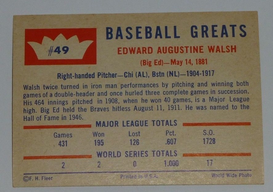 1960 Fleer Baseball Greats #49 Ed Walsh NM | eBay
