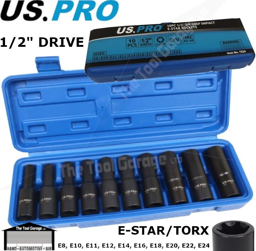US PRO Tools 10pc 1/2" Dr Deep Impact E-Star Sockets For Wrench, E8 to ...