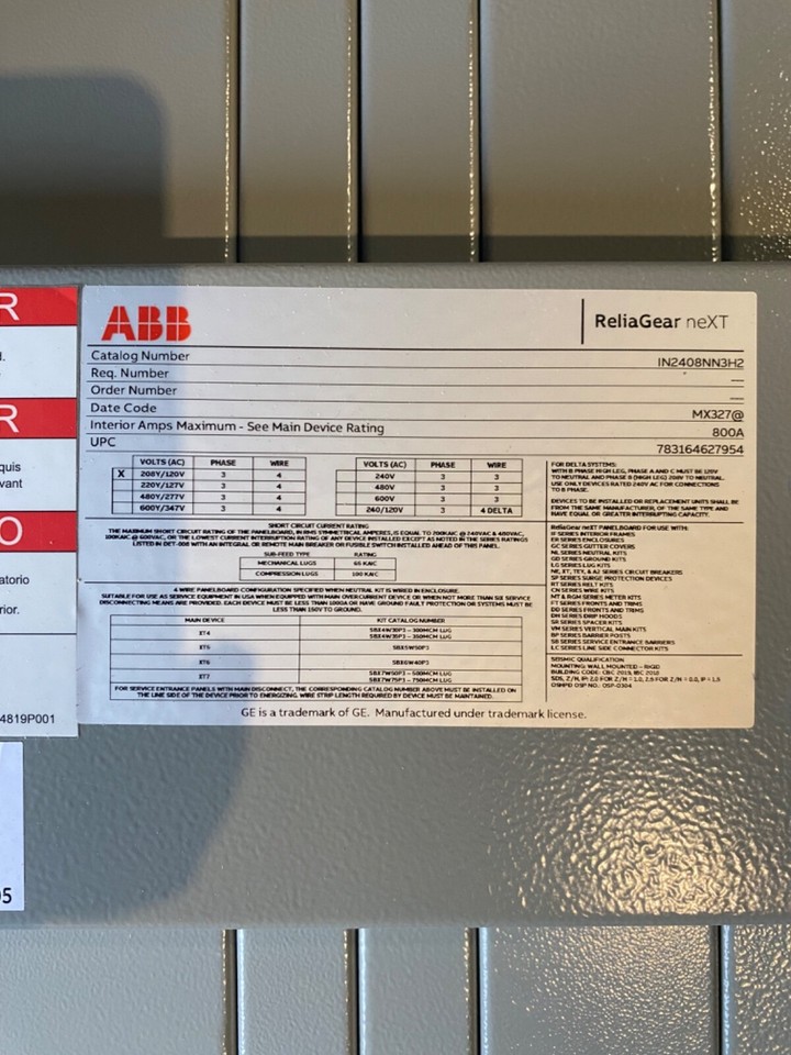EXCO NEW ABB 800 Amp Panel ReliaGear line 3R Can Add Breakers outdoor ...