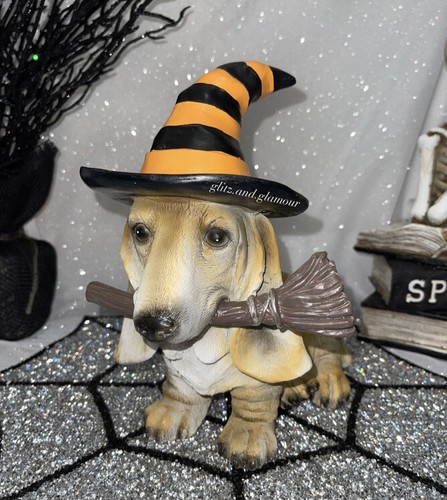 Halloween Fall Basset Hound Dachshund Dog Witch Hat & Broom Table Decor ...