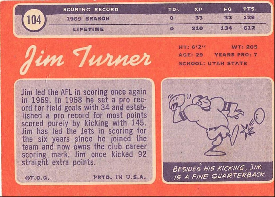 1970 Topps Jim Turner New York Jets #104 | eBay