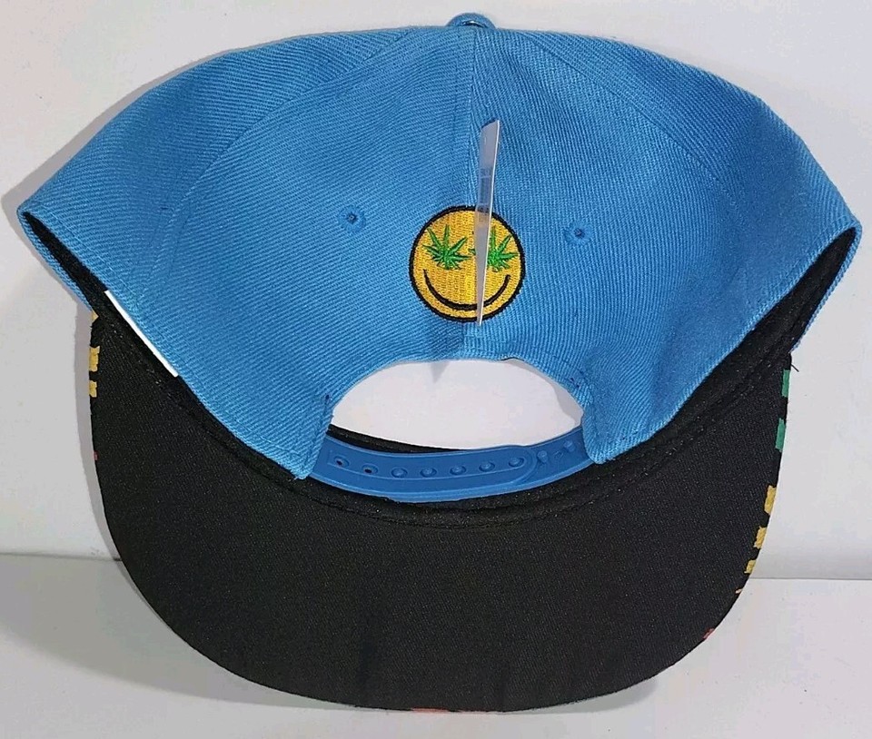 Blue Smiley Face Marijuana Leaf Weed Eyes Emoji Snapback Hat 420 Themed ...