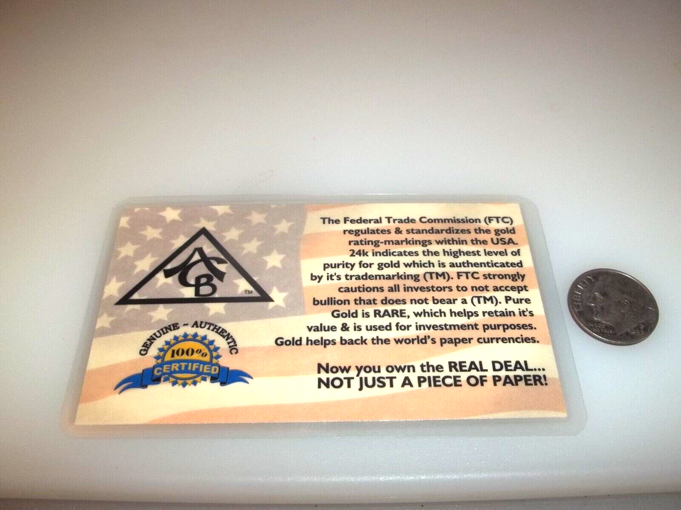 24K GOLD BAR 1/4 GRAIN AMERICAN CERTIFIED BULLION CERT CARD. 99.99 PURE ...
