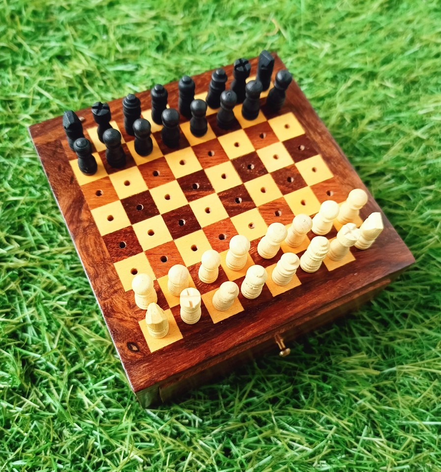 Handmade Wooden Mini Chess Board Game ~ Travel Vintage Chess Set Wooden ...