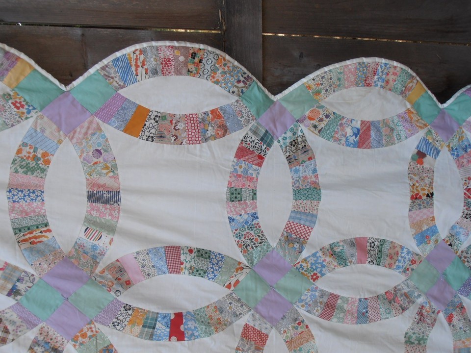 Double Wedding Ring Handcrafted Quilt Feedsack Fabric Cotton Hand Tied ...