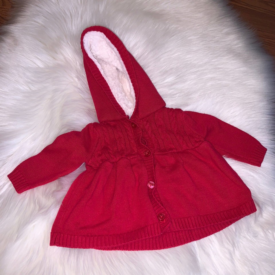 Gymboree Baby Girl 0-3 Months Red Knit Coat With Hood Sherpa Lining In ...