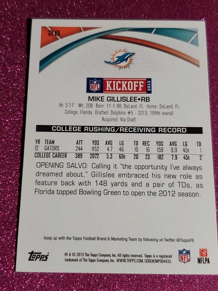 2013 Topps Kickoff Football Card #28 Mike Gillislee Miami Dolphins RC ...