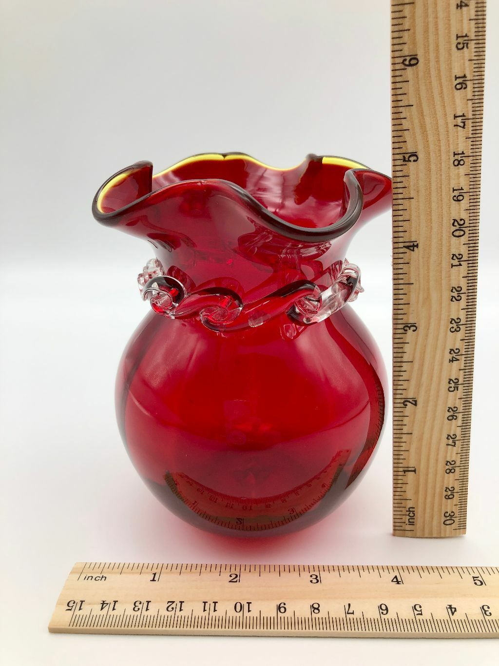 Viking Ruby Red Glass Vase with Applied Clear Band Ruffled Rim Amberina ...