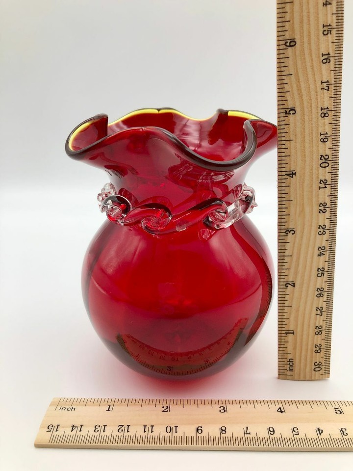 Viking Ruby Red Glass Vase with Applied Clear Band Ruffled Rim Amberina ...