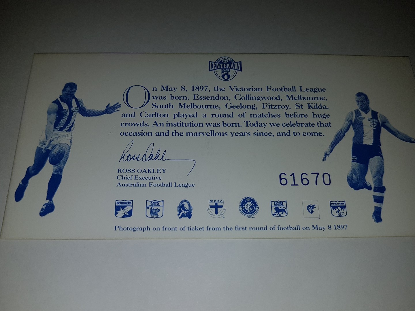 1996 AFL CENTENARY SOUVENIR GAME TICKET MELBOURNE Vs SOUTH MELBOURNE ...