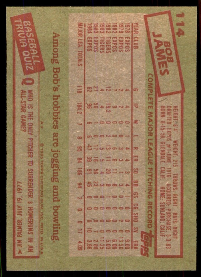 1985 Topps: Bob James Baseball Cards #114 | eBay