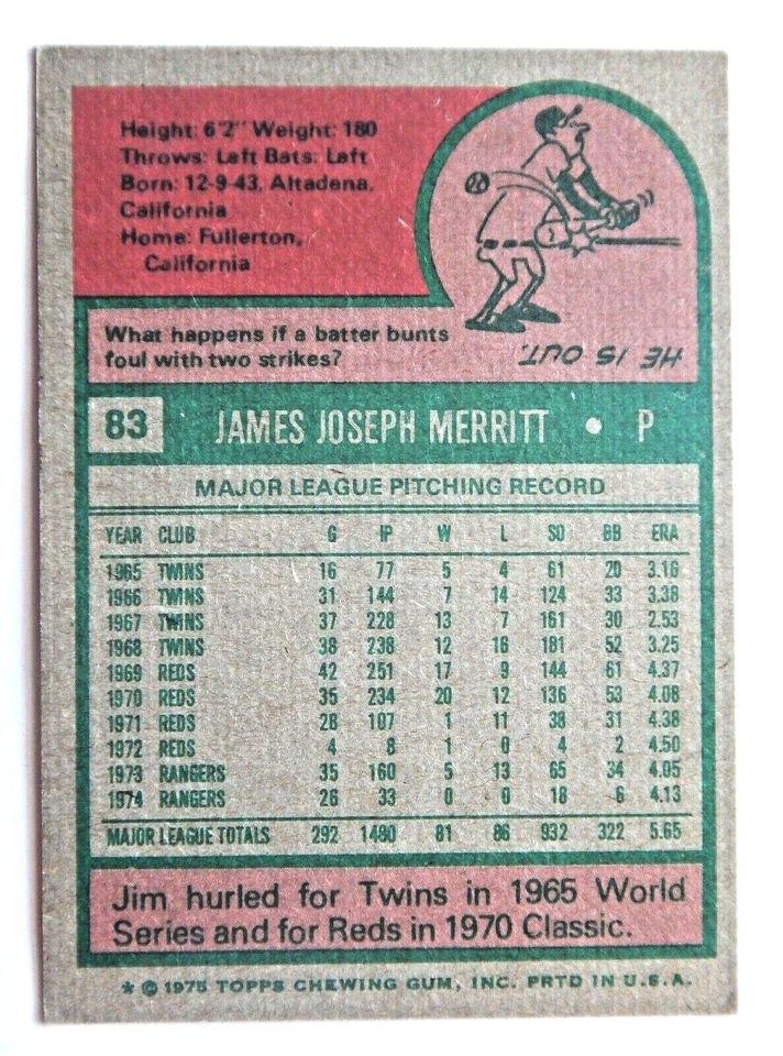 Jim Merritt #83 Topps 1975 Baseball Card (Texas Rangers) *VG | eBay