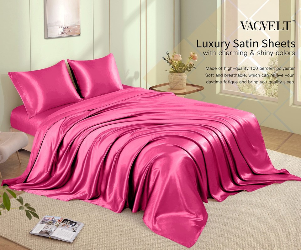 4pcs Hot Pink Satin Sheets Full Size Bed Set, 15 Inch Deep Pocket Silky ...
