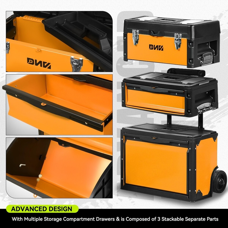 Rolling Wheel 3Tier Stackable Trolley Toolbox Storage w/Extendable ...
