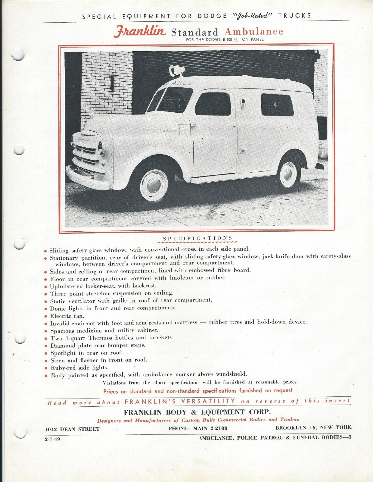 Truck Data Sheet - Franklin Ambulance for Dodge B-108 c1949 Ad Brochure ...