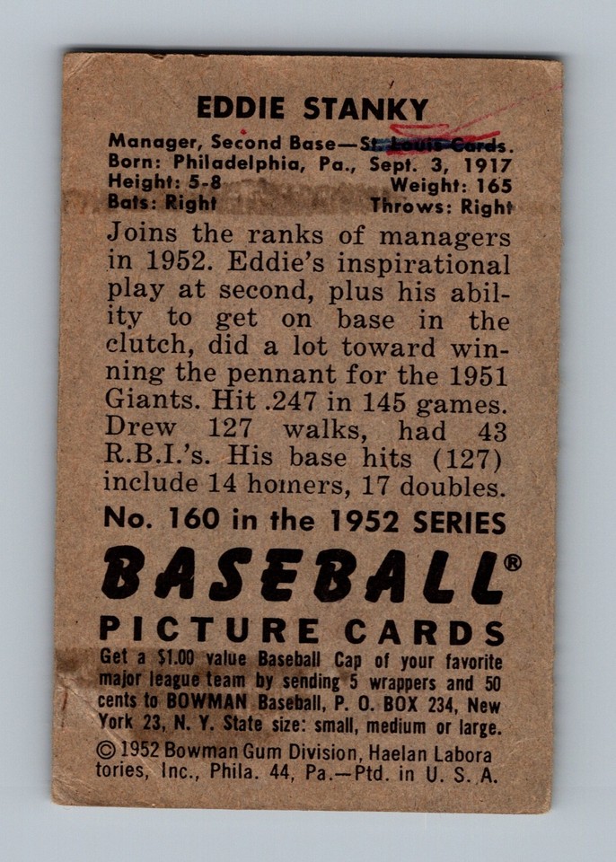 1952 Bowman #160 Eddie Stanky LOW GRADE (MK Reverse) Vintage Baseball ...