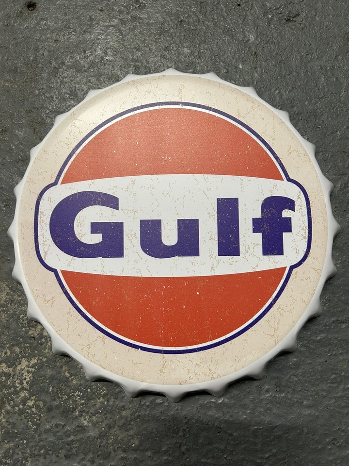 STYLE 34 GULF on WHITE 35cm Round Metal Bottle Top with Hanging Loop ...