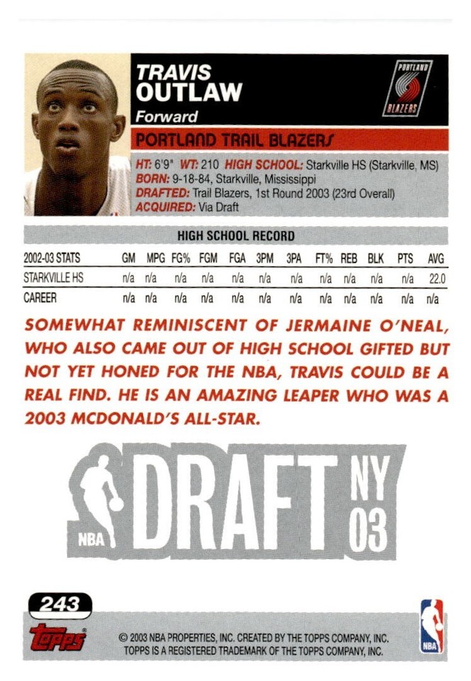 2003 Topps #243 Travis Outlaw RC - Portland Trail Blazers | eBay
