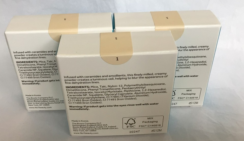 No7 HydraLuminous Ceramide Pressed Powder SHADE 1 Three SEALED Boxes RP ...