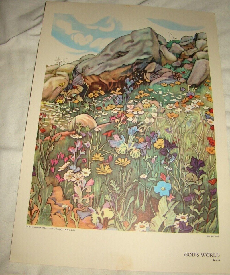 Vtg 1950s GOD'S WORLD Flowers Sunday School Christian Providence Litho ...