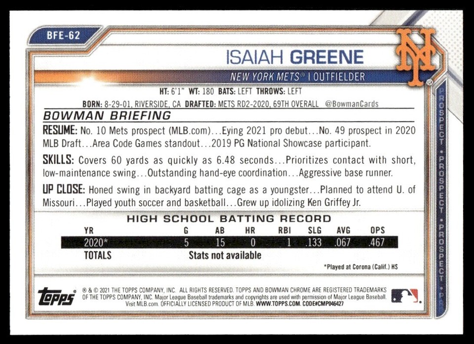 Isaiah Greene 2021 Bowman 1st Edition Rookie Card Prospect #BFE-62 New ...
