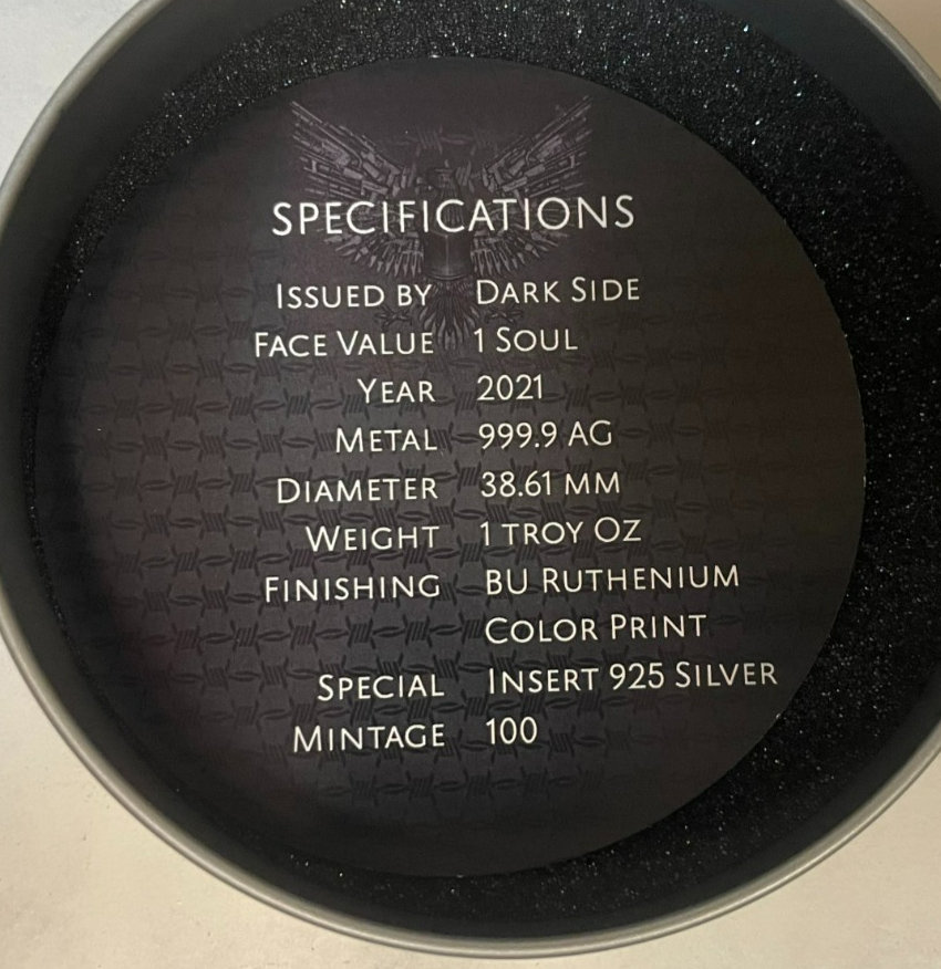 2021 1 Soul 1oz .999 Silver Dark Side Ruthenium Color Paint CD23 | eBay