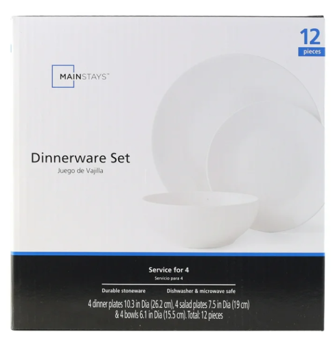 Mainstays Glazed White Stoneware Dinnerware Set, 12-Pieces | eBay