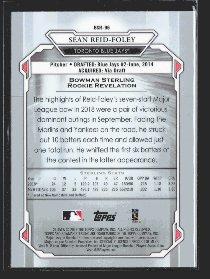 2019 Bowman Sterling #BSR-96 Sean Reid-Foley Rookie RC Toronto Blue ...