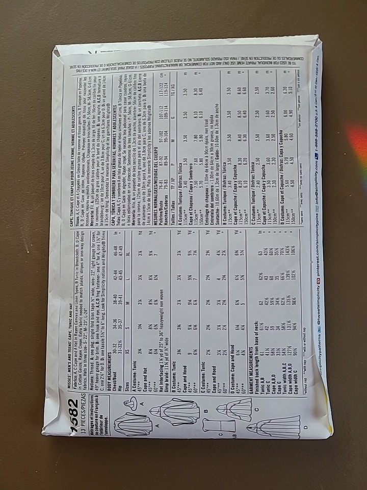 Cape Tunic Hat Costume size XS-XL Simplicity 1582 Sewing Pattern * | eBay