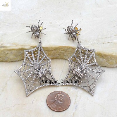 Pave Diamond Spider Web Earrings 925 Sterling Silver Gold Plated ...