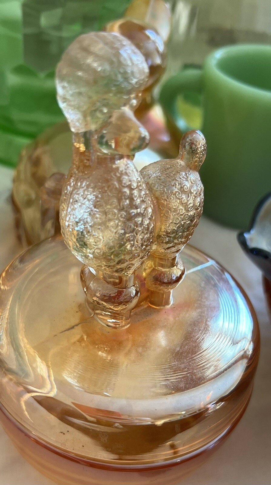 VINTAGE LUSTERWARE JEANETTE MARIGOLD CARNIVAL GLASS VANITY POWDER DISH ...