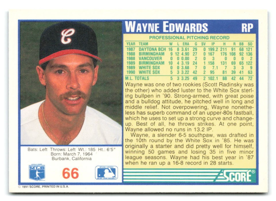 1991 Score Wayne Edwards #66 Chicago White Sox BASEBALL Card | eBay