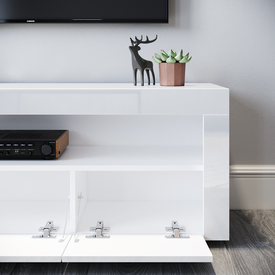 Modern TV Unit Cabinet White Stand High Gloss Sideboard 120cm with LED ...