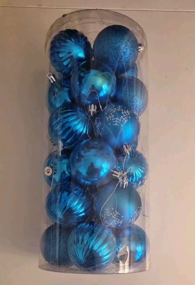 Blue Christmas Baubles Set Of 24 - Tree Festive Xmas Decorations Decs ...