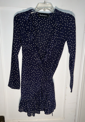 Realisation Alexandra Mini Wrap Dress 100% Silk Navy Star Print Size XS ...